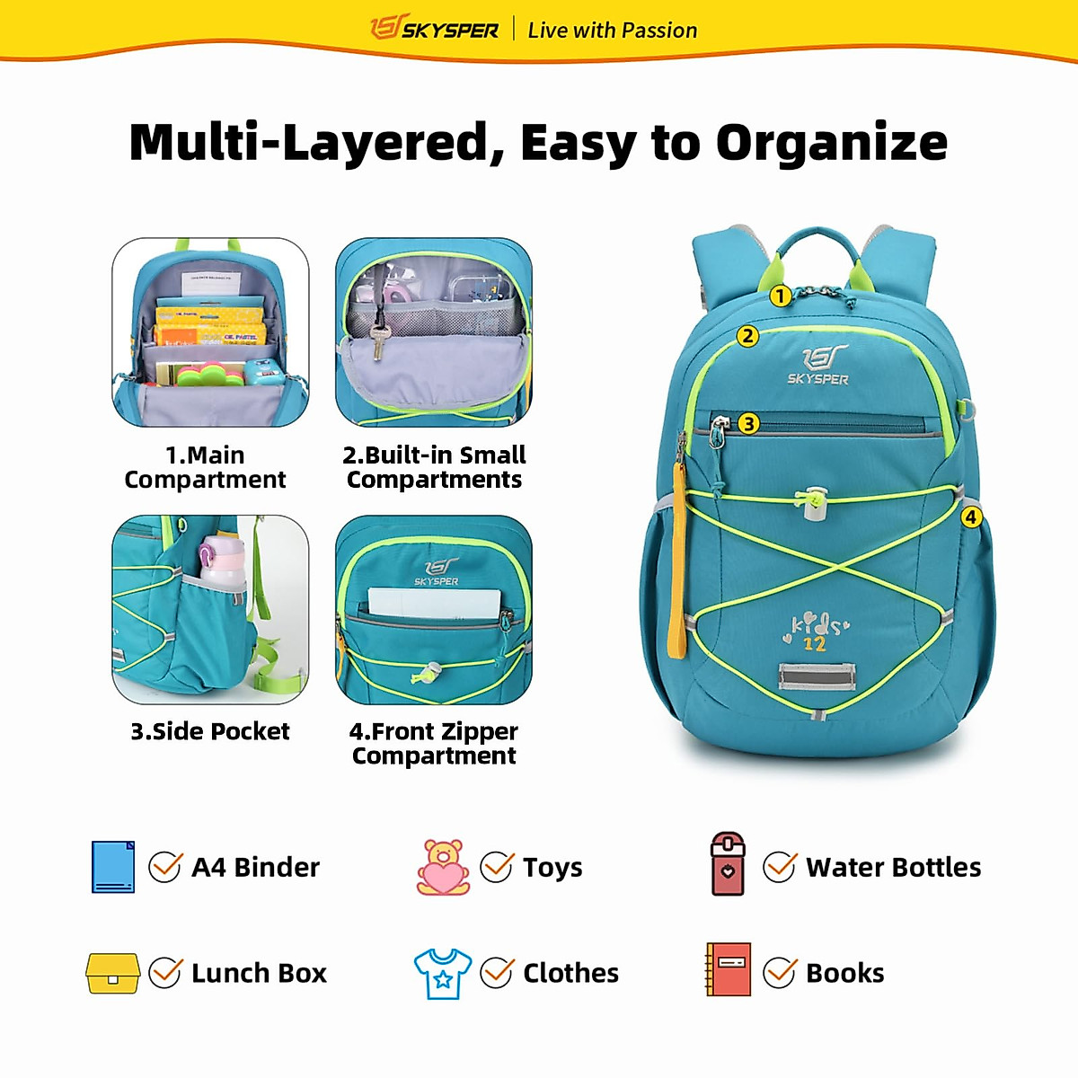 SKYSPER Kids Backpack 12L Children School Bag Child Boy Girl Outdoor Travel Pack Ages 4-8 for Day Trips Classes Camping(Teal)