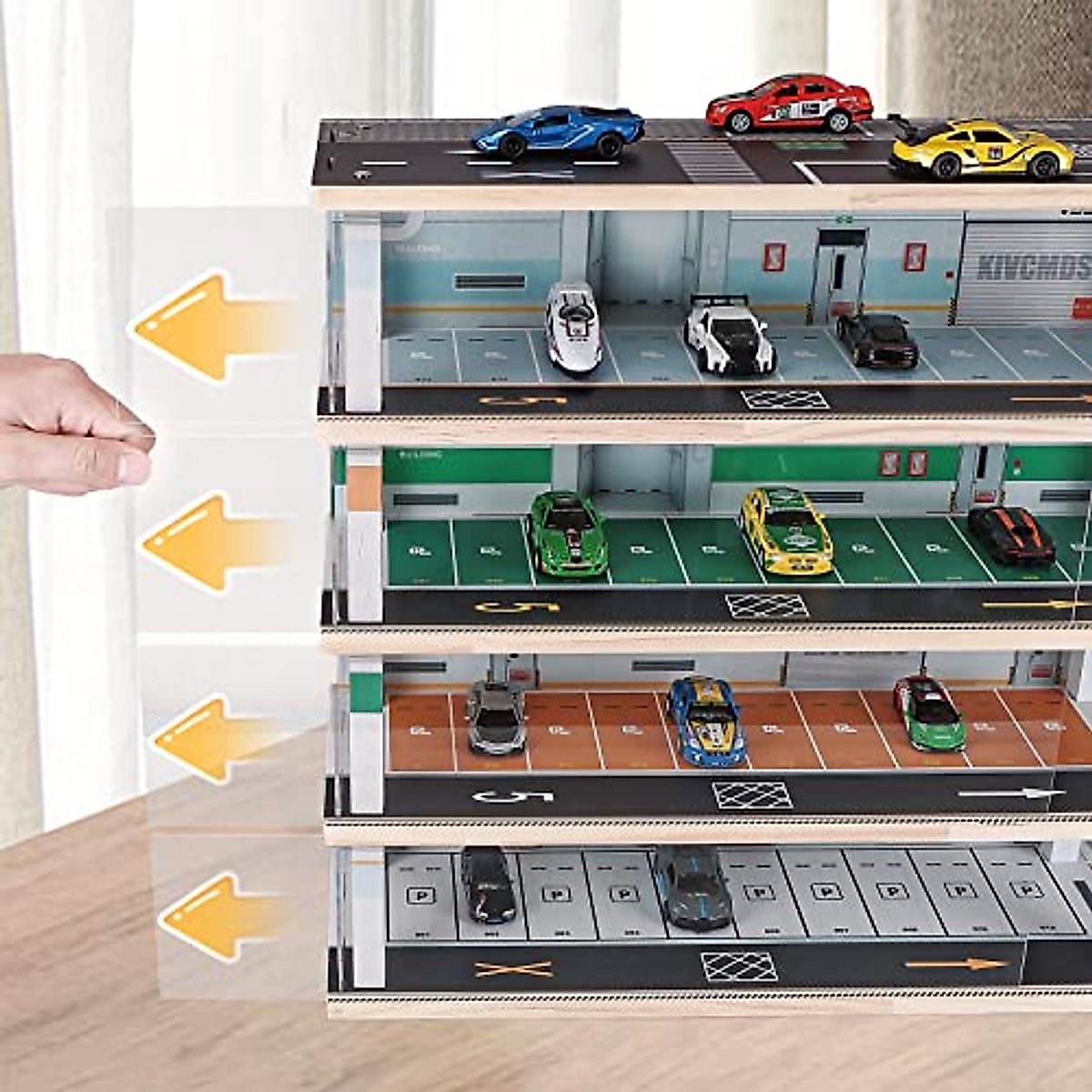kivcmds 1:64 Scale Alloy car Model Display case. Suitable for Collecting hot Wheels and die-cast Cars with Lighted Scenes Parking lot with 40 Parking Spaces on 4 Levels (Underground Garage Scenes)