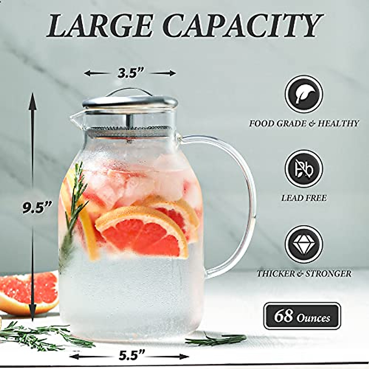 Hiware Glass Pitcher with Lid and Spout - 68 OZ Water Pitcher for Hot/Cold Water & Iced Tea, 18/8 Stainless Steel Lid, High Heat Resistance, 100% Lead-free Clear