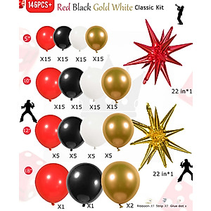 Kozee Black Red Gold White Balloon Garland kit 146Pcs and Mylar starburst balloons for Birthday Party 2024 New Year eve movie night graduation prom casino Decorations
