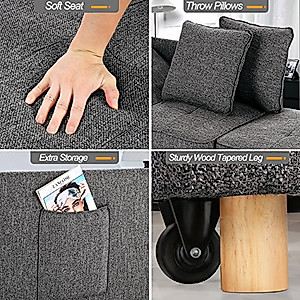 SEJOV Sofa Bed 4-in-1 Convertible Sofas & Couches, 3-Seat Linen Fabric loveseat Sofa with 2 Throw Pillow, Single Recliner for Small Space with 5 Adjustable Backrest, Dark Grey