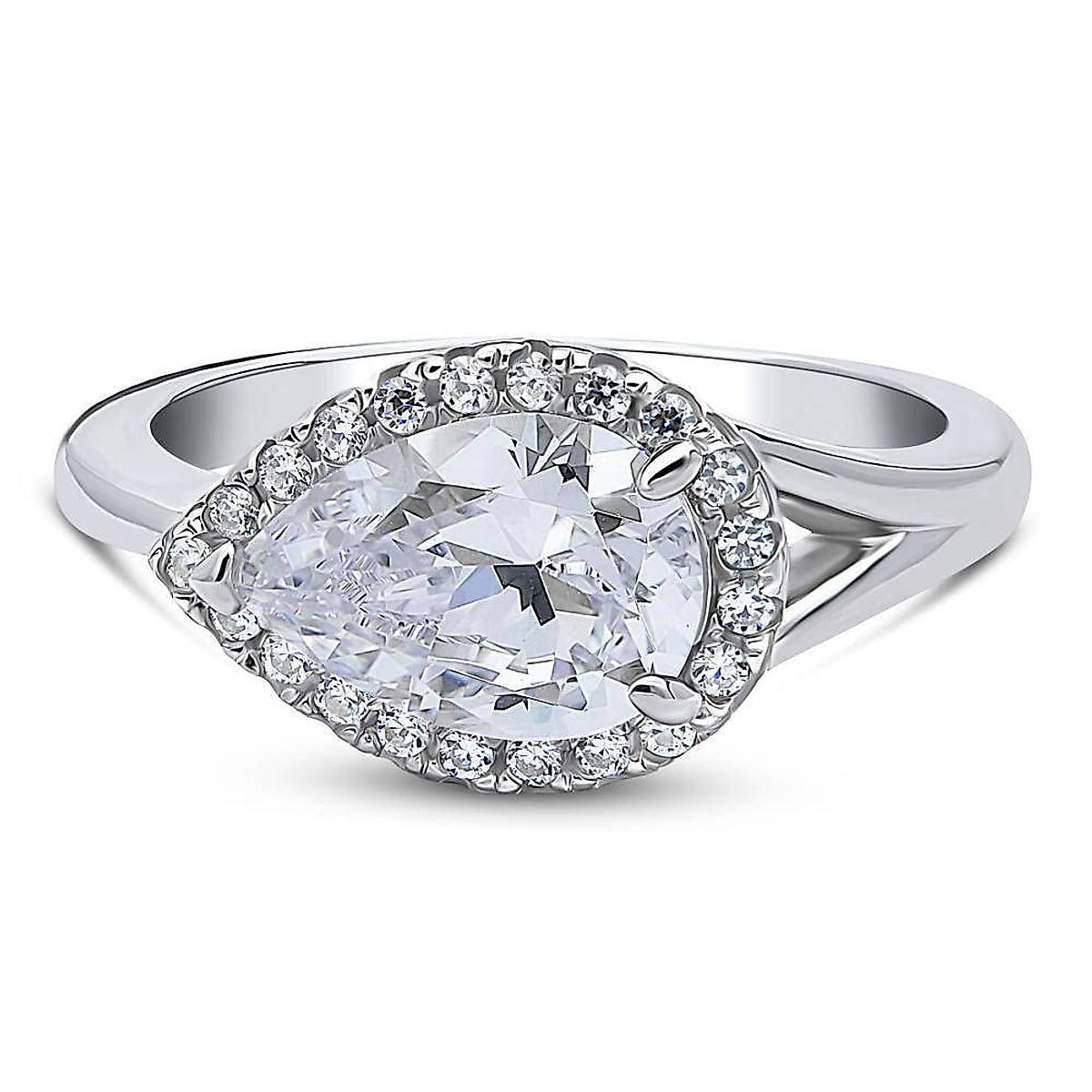 BERRICLE Sterling Silver Halo Wedding Engagement Rings Pear Cut Cubic Zirconia CZ East-West Cocktail Promise Split Shank Ring for Women, Rhodium Plated Size 4