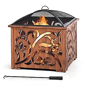 Sunjoy 26 in. Fire Pit for Outside, Patio Square Wood Burning Extra Deep Firepits with Spark Screen and Poker, Copper