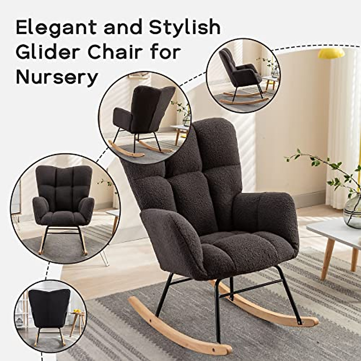 Sudwesto Modern Nursery Rocking Chair, Upholstered Glider Chair with High Backrest, Rocker Accent Armchair with Solid Wood Legs for Nursery Bedroom Living Room (Dark Grey Teddy)