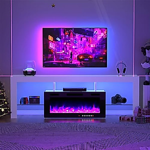 MU Modern 70" TV Fireplace Stand with 12-Color LED Lights & 12-Color Flame, High Gloss Floating Fireplace Entertainment Center with 36" Electric Fireplace (White, 70" TV Stand)