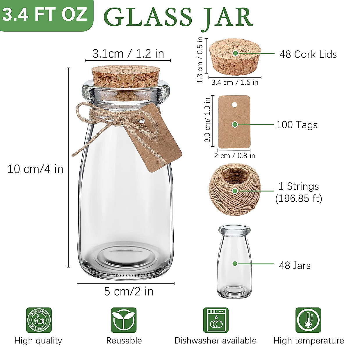 48 Pcs 3.4 oz Mini Yogurt Jars Small Glass Bottles with Cork Lids Mini Milk Potion Bottles Glass Pudding Jars for Party Favors Wedding Decor DIY Gift Baby Shower