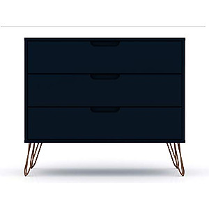 Manhattan Comfort Rockefeller Mid-Century Modern 3 Drawer Bedroom Dresser, 17.52" L x 35.24" W x 30.82", Midnight Blue