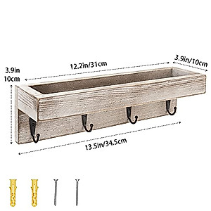 Flyisland Vintage Rustic Wood Wall Mounted Entryway Shelf with 4 Antique Metal Hooks (4 Hooks, Black)