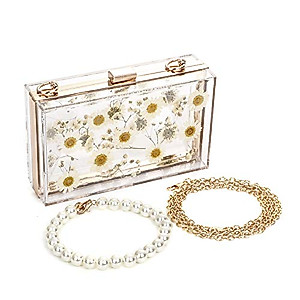 YUSHINY Women Acrylic Clear Clutch Transparent Purse True Flower Inlay with Removable Pearl Strap (Daisy)