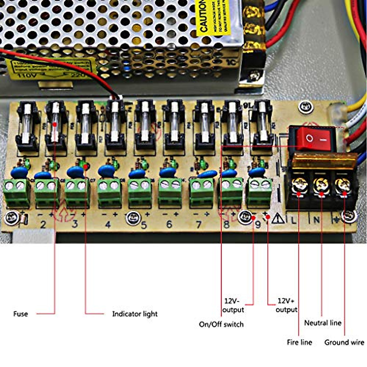 9CH Channel Port Distributed Power Supply Box Swithing Power Supply Output 12V 10 Amp for CCTV DVR Security System and Cameras