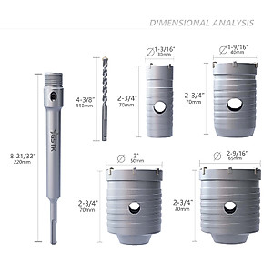 GSTK 10pcs Concrete Hole Saw Set （30mm 40mm 50mm 65mm）with SDS Plus Shank Connecting Rod and 5pcs Dust Catchers, Concrete Hole Saw Kit for Concrete|Cement|Brick Stone|Wall.