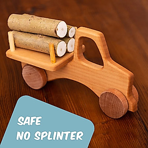 CG Games Wooden Toy Big Truck with Beech Logs and Garage Natural Wood Eco-Friendly Toys for Children Woody Truck Toy Unpainted Durable Wood Car