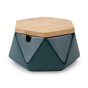 Ceramic Geometric Ashtray with Lid, Windproof Ceramic Ashtray for Indoor or Outdoor Use, Home Office Decoration, Dark Green