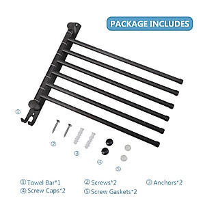 Space Saving Towel Rack JSVER Black Space Saving Towel Holder, Towel Rack Wall Mounted, Swivel Hand Towel Holder, 6-Arms Towel Bar, Towel Racks for Bathroom