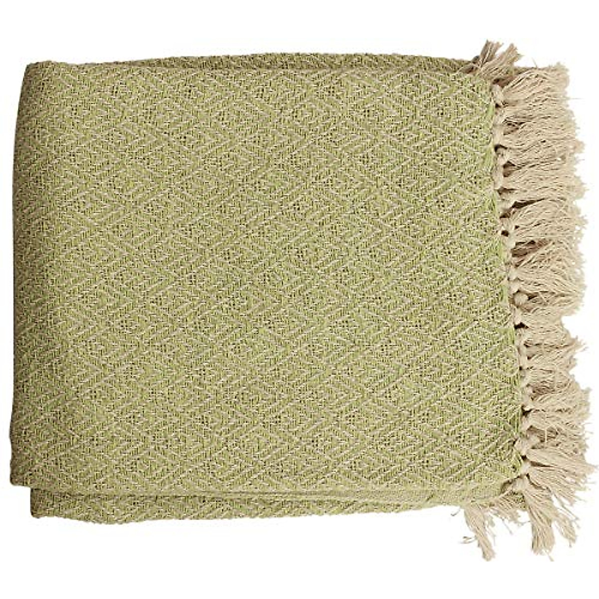 Cotton Throw Blanket Green Beige Chevron Patterned | Sofa Bed Couch Blankets with Fringe | Sage Chartreuse | Warm Lightweight | Decorative Living Room Home Decor | Farmhouse Picnic Beach Camping