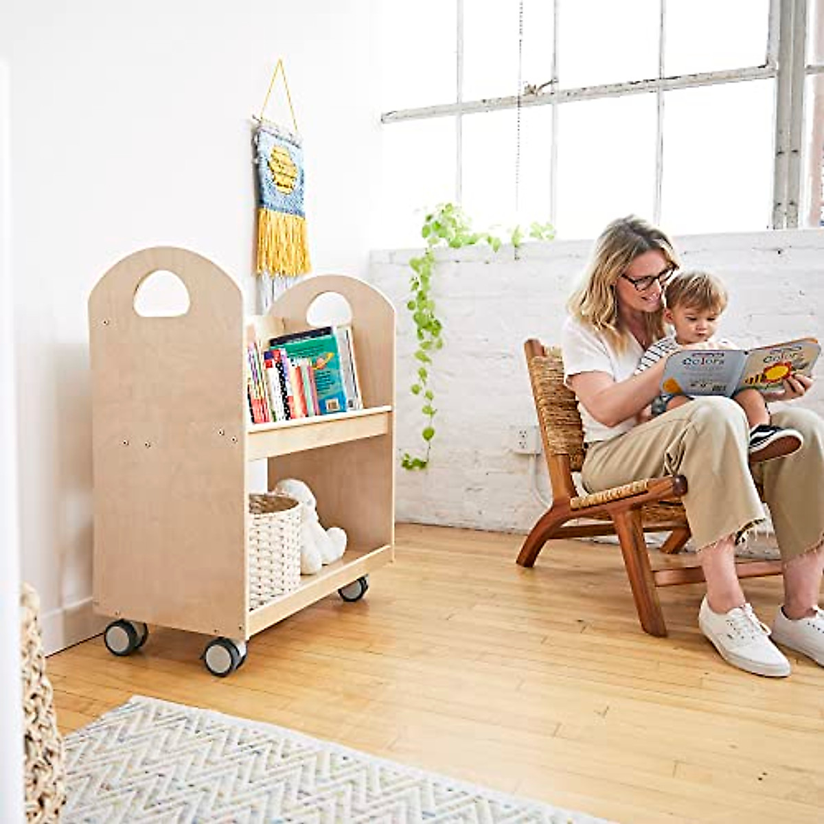 ECR4Kids Mobile Book Cart with Countdown Timer, Classroom Bookshelf, Natural