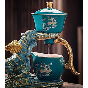 RORA Lazy Kungfu Ceramic Tea Set Semi Automatic Drip Rotating with Infuser Ceramic Teapot Set (Tiger Tea Set+6 cups)