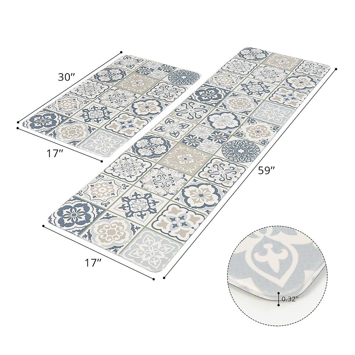 Jabogrii Kitchen Rugs 2 Piece Anti-Fatigue Kitchen Mats Set, Cushioned Comfort Floor Mat PVC Non Slip Waterproof Runner Rug for Kitchen, Standing, Office, Sink 17.5"×30"+17.5"×59"