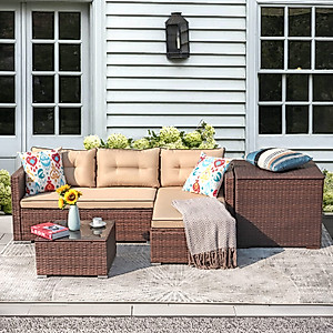 JOIVI Patio Furniture, Small Sectional Sofa Set with Storage Box, Outdoor Patio PE Rattan Conversation Set, All Weather Brown Wicker Couch with Cushions and Tempered Glass Coffee Table, Beige