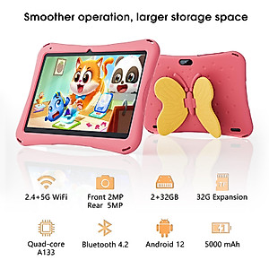 SGIN 10 Inch Tablet for Kids, Android 12 Kids Tablet with Kids Case, 2GB RAM 64GB ROM, 5000mAh, 1280 * 800 Display, Dual Camera, WiFi, Educational Games, Yellowish Butterfly Handle
