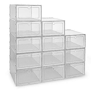 IPOW 12 Pack Thickened Clear Plastic Stackable Shoe Boxes, Foldable Shoe Organizer Sneaker Shoe Containers Shoe Storage Bins Drop Front Shoe Storage Boxes for Men, Women Kids