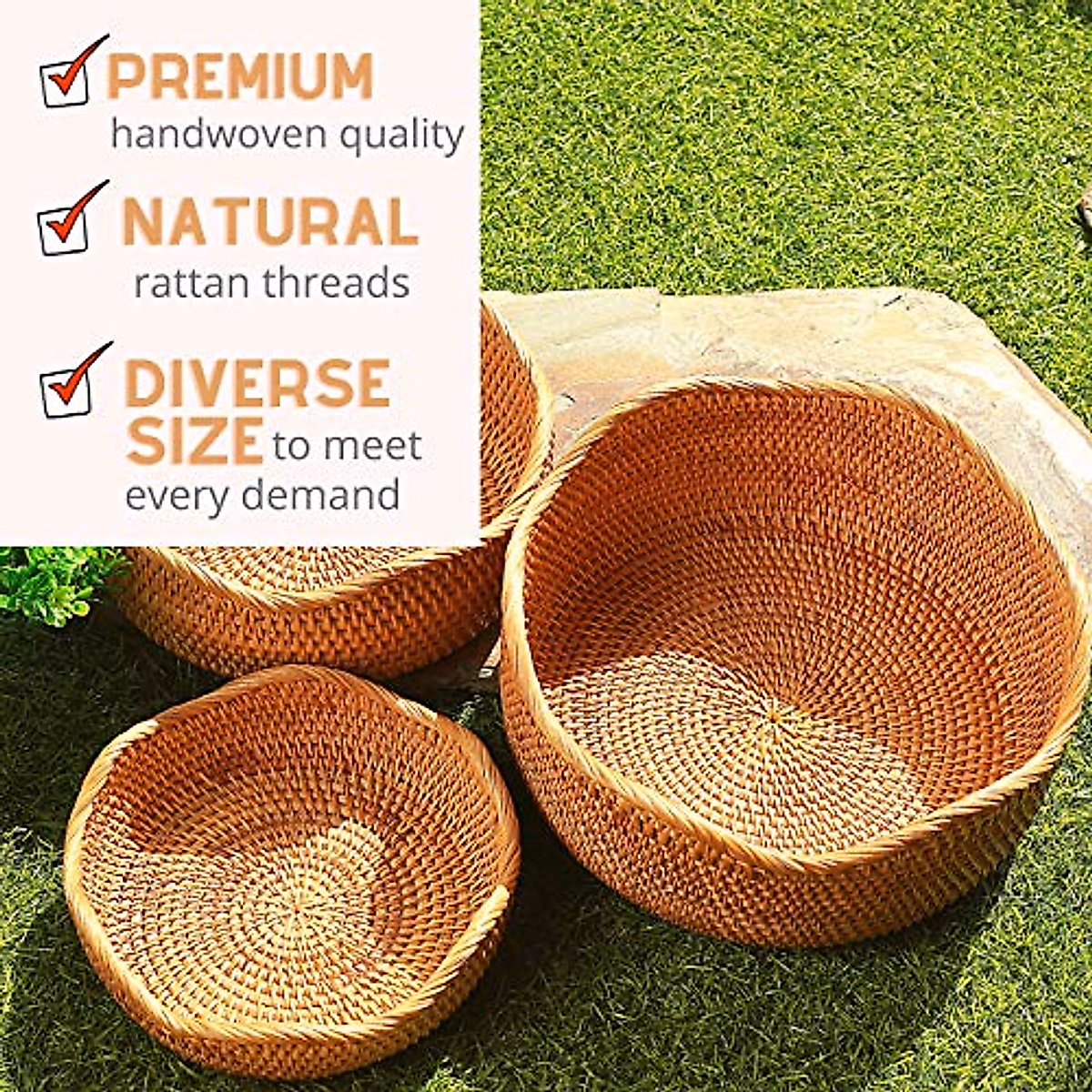 CLAYNIX Woven Fruit Basket For Storage Key Holder Bowl Decorative Wall Bread Vegetable 3 Serving Bowl Set For Organizing Kitchen Natural Rattan Picnic Basket Curve Stackable Set of 3 (Wave)