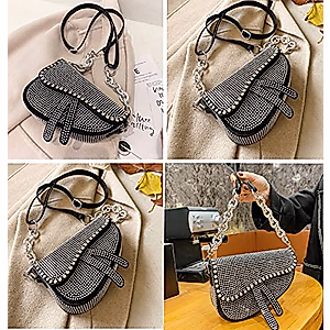 PURFANREE Women Studded Saddle Shoulder Bag Shining Rhinestone Clutch Purse Underarm Handbag Satchel Rivet Crossbody Bag