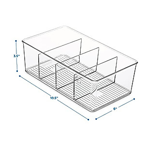 Set Of 4 Plastic Food Storage Organizer Bins - Divided Compartment Holder for Snacks, Packets, Pouches Stackable Fridge Organizers for Freezer, Kitchen, Cabinets - Clear Plastic Pantry Storage Rack