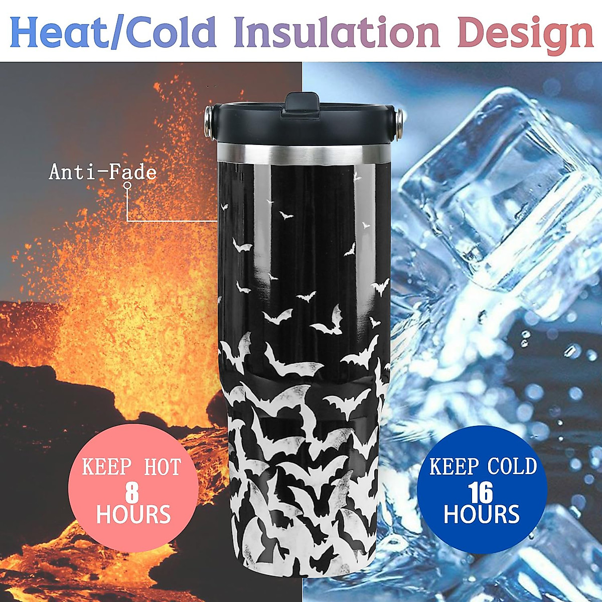 HOWSEESNOW 30oz Halloween Tumbler with Handle and Straw, Bat Insulated Leak Proof Cup, Black Goth Travel Coffee Mug, Reusable Stainless Steel Witch Tumbler, Halloween Gifts for Women