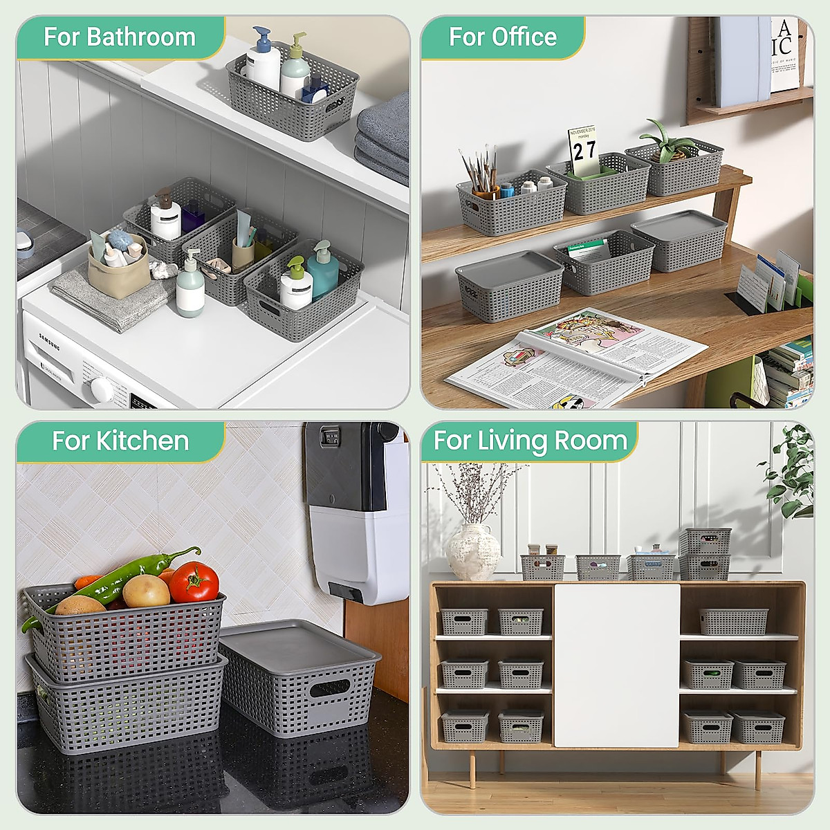 Plastic Storage Baskets with Lid-Plastic Storage Containers Stackable Storage bins: Storage Baskets for Organizing Shelves Drawers Desktop Closet Playroom Classroom Office, 8Pack-Gray,10.2x7.2x4.1Inch