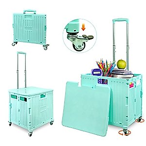 Foldable Utility Cart,Heavy Duty 4 Wheels Rolling Carts，Collapsible Crate Shopping Cart with Wheels Rolling Tote Basket Teacher Cart with Lid,Travel Shopping Moving Storage Office Use（Green）
