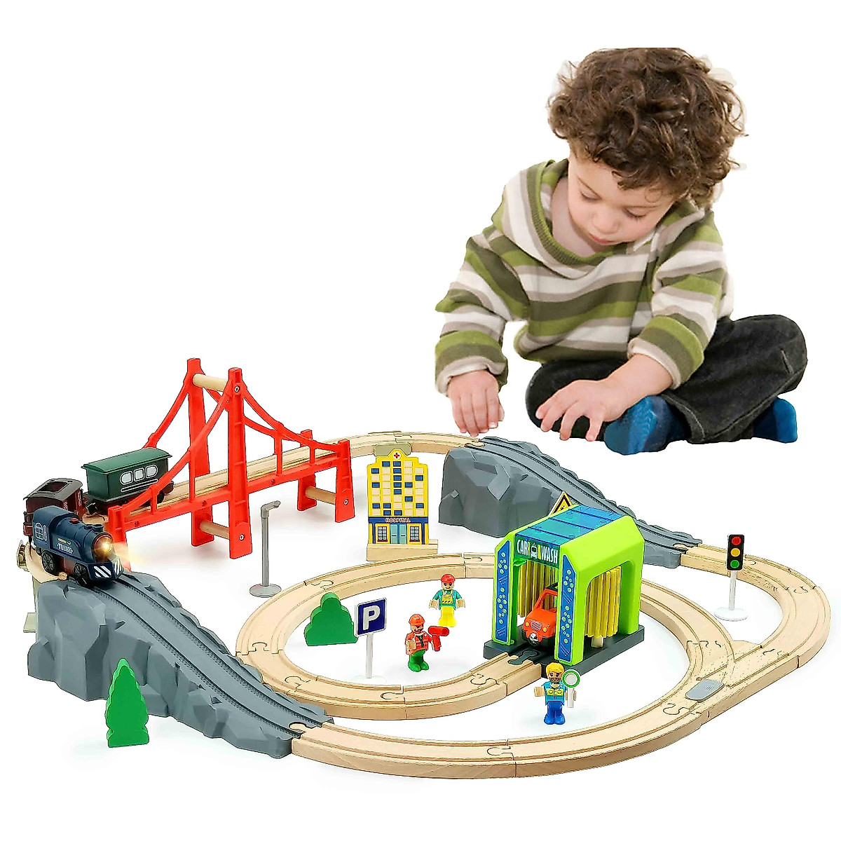 Battery Operated Train for Wooden Track, 3Pcs Train Toy Set for 3 4 5+Years old Boy Girl Toddlers, Motorized Train Accessories Electric Train Compatible with Thomas & Friends, Brio and Chuggington