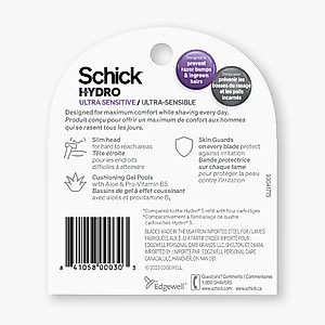 Schick Hydro Ultra Sensitive Razor, 1 Razor Handle and 4 Cartridges | Shaving Razors for Men Sensitive Skin, 3 Blade Mens Razors for Shaving, Razor Blades for Men, 1 Handle with 4 Razor Blades Refills