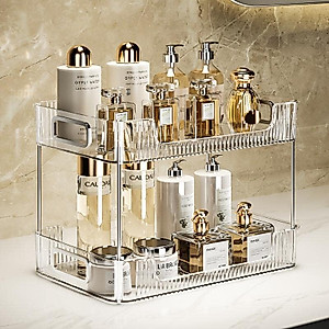 CESTATIVO Bathroom Organizer Countertop, 2 Tier Vanity Tray, Skincare Makeup Organizer Shelf, Vanity Organizer, Bathroom Counter Shelf for Cosmetics, Toiletries, Lotions, Perfumes, Clear