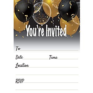 QualityVibe Black & Gold balloons Invitations Set of 25 with envelopes. Invites for Anniversaries, birthdays, sweet 16, bridal showers, baby showers, milestones birthdays and more.