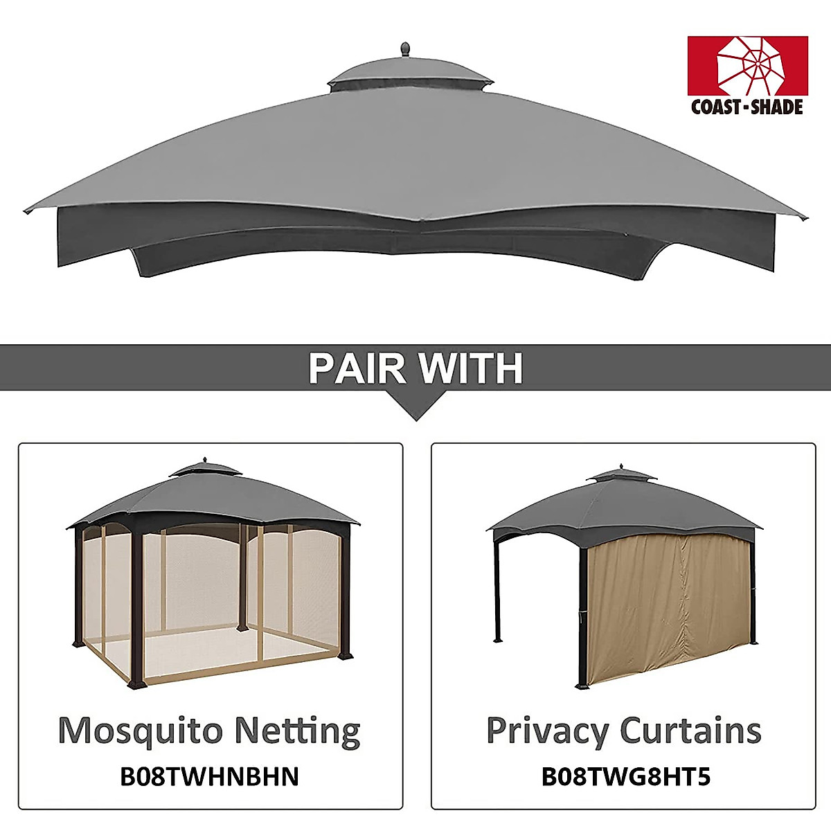 CoastShade Patio 10X12 Replacement Canopy Roof for Lowe's Allen Roth 10X12 Gazebo Backyard Double Top Gazebo #GF-12S004B-1（Gray）