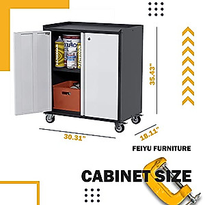 Metal Storage Cabinet with Wheels, Mobile Garage Cabinet with Locking Doors and One Adjustable Shelf, Lockable Storage Cabinet for Utility Room, Home, Office