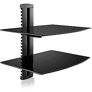suptek Speaker Mount, Floating Glass Shelf Wall Mount Bracket for DVD Players/Cable Boxes/Games Consoles/TV Accessories, 2 Shelves, Black CS202