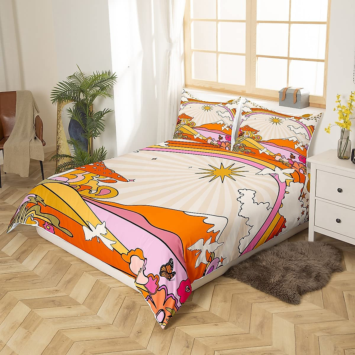 Hippie Cartoon Full Size Duvet Cover Set,70s Scenery Duvet Cover for Girls Teens Decorative Bedroom,Sun Mushroom Flowers Rainbow Polyester Quilt Cover with 2 Pillowcases