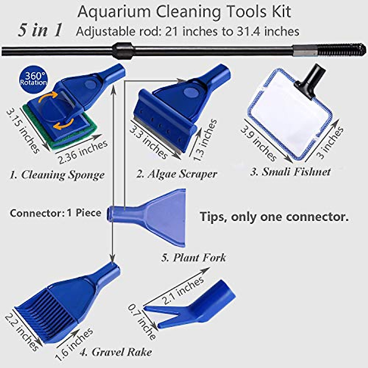 JZMYXA Aquarium Cleaning Tools Kit 5 in 1 Function for Long Deep Fish Tank, Adjustable Length Rod, Including Algae Scrape, Cleaning Sponge, 3.9" Small Fishnet, Gravel Rake, Plant Fork