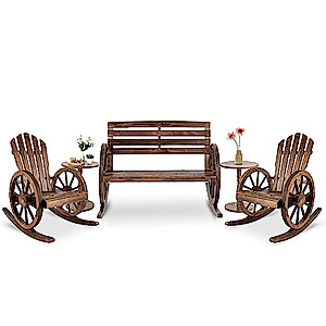 FURNDOOR 5 PCS Outdoor Rocking Chair Conversation Set, Wagon Wheel Rocking Chairs with Side Table, Patio Rocker Chair Wood Patio Bistro Set for Porch Bench, Rustic