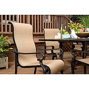 Hanover Brigatine 7-Piece Modern Patio Dining Set with 6 Quick-Dry Tan Sling Chairs and 40"x70" Square Cast-Top Table, All-Weather Outdoor Furniture Set for Backyard and Deck