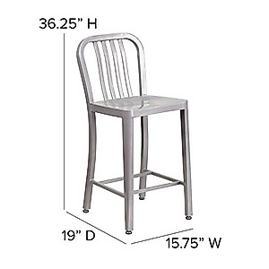 Flash Furniture Commercial Grade 24" High Silver Metal Indoor-Outdoor Counter Height Stool with Vertical Slat Back