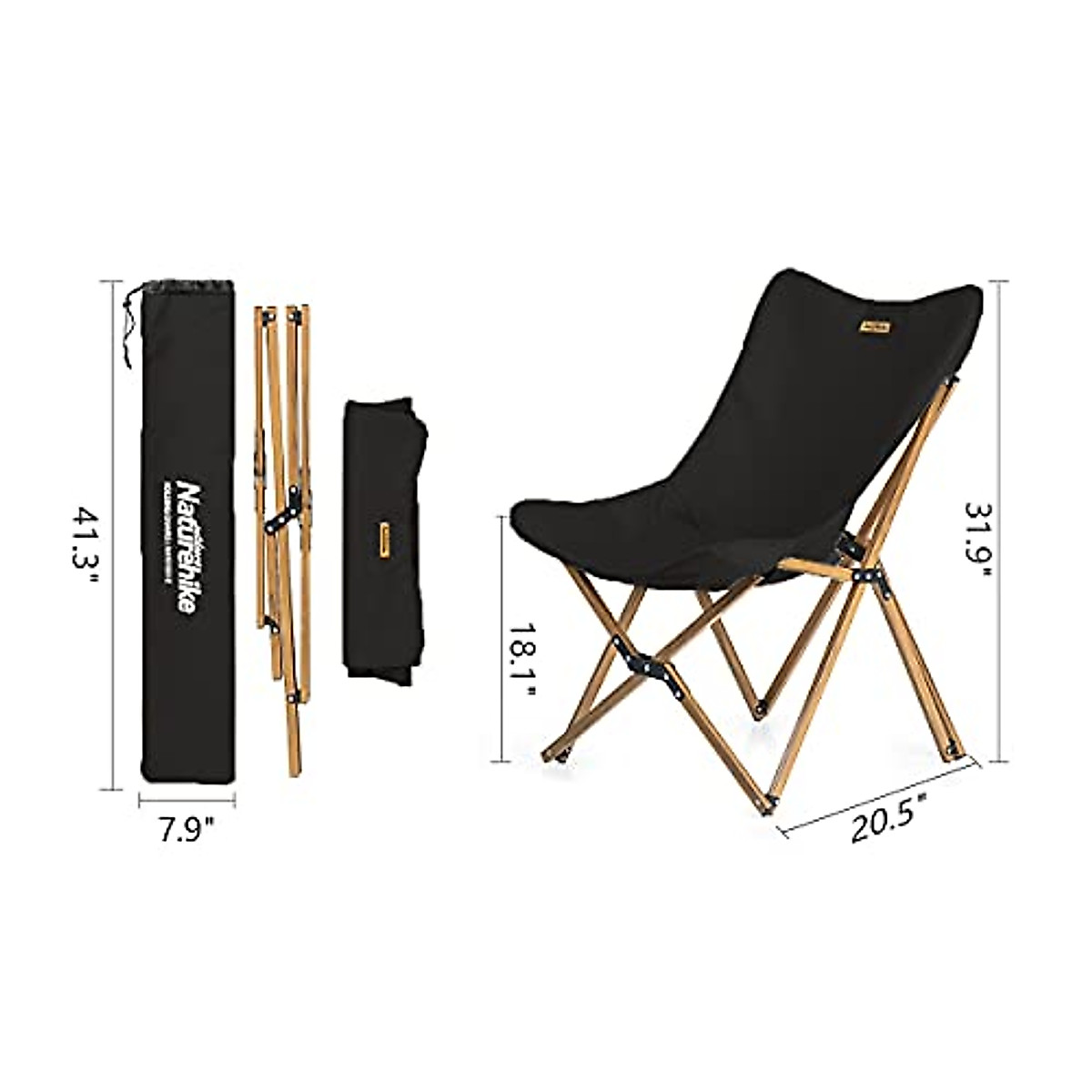 Naturehike Outdoor Furniture Camping Wood Grain Aluminum Folding Moon Chair (Black)