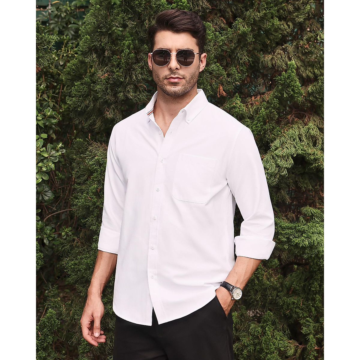 Alimens & Gentle Men's Solid Oxford Shirt Regular Fit Long Sleeve Button Down Shirts with Pocket White