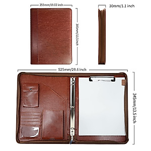 Zippered Portfolio Organizer, WRIYES Leather Padfolio with 3 Ring Binder, Professional Business Binder, Organizer for IPad/Document, Phone & Business Cards, Office Gifts for Men or Women (Brown)