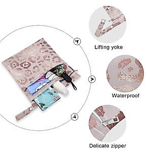 Moudou 2pcs Rose Leopard Wet Dry Bag Waterproof Reusable Baby Cloth Diaper Wet Dry Organizer with Two Zippered Pockets for Travel, Beach, Pool, Stroller, Diapers, Dirty Gym Clothes, Wet Swimsuits