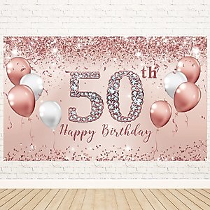 Trgowaul 50th Birthday Decorations for Women, Pink Rose Gold 50th Birthday Banner Backdrop 50 Birthday Party Decorations for Women Turnin 50, 50th Fabulous Birthday Background Birthday Gift for her
