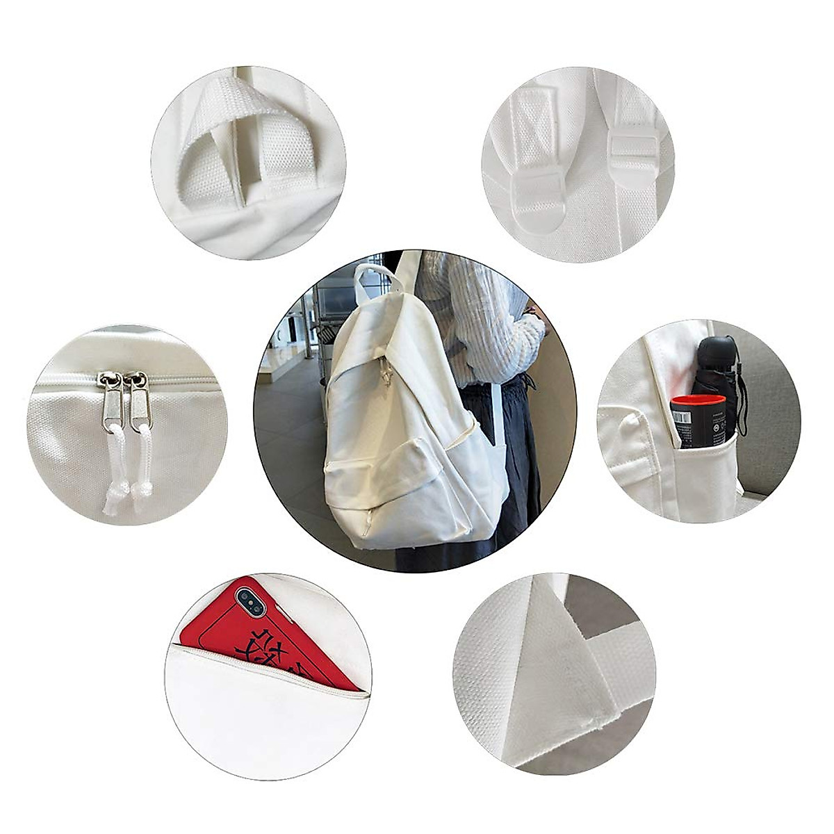 Jesdo DIY Canvas Backpack Large Casual Daypack Satchel (White with Side Pockets)