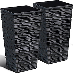 Worth Garden 2-Pack Black Tall Tree Planter - Plastic Square Tapered Plant Pots for Indoor Outdoor - 22" H - Modern Wavy Finish Decorative Flower Pots for Front Porch Containers Patio Deck